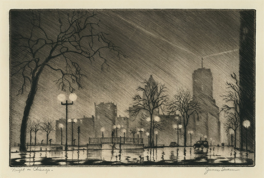 James Swann: Night in Chicago, etching drypoint, original print ...