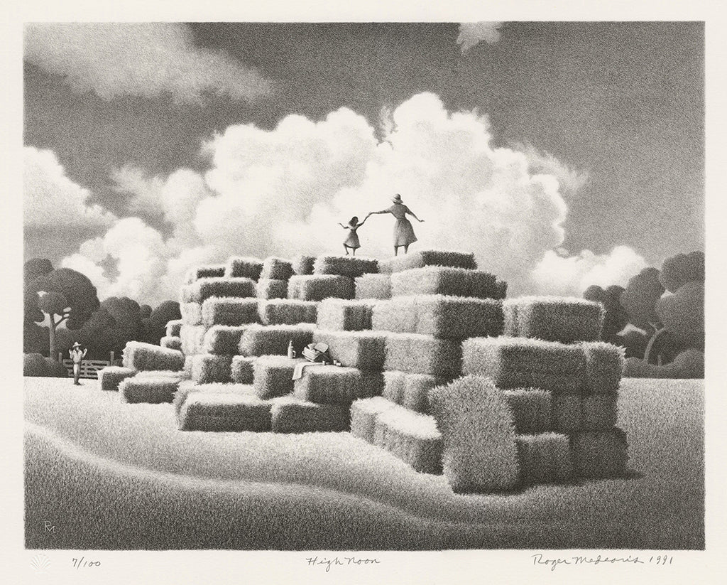 Roger Medearis - High Noon - lithograph - woman and girl on hay bales ...